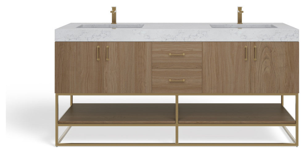 Bahia Bath Vanity Oak 72" Brushed Gold Hardware Double Freestandi