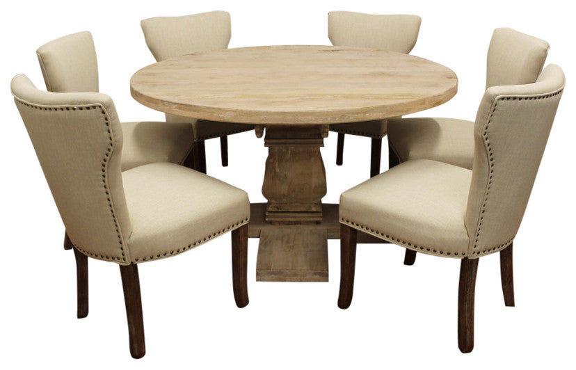 Benedict 7-piece Dining Set 58" Round Dining Table And 6 Ivory Linen